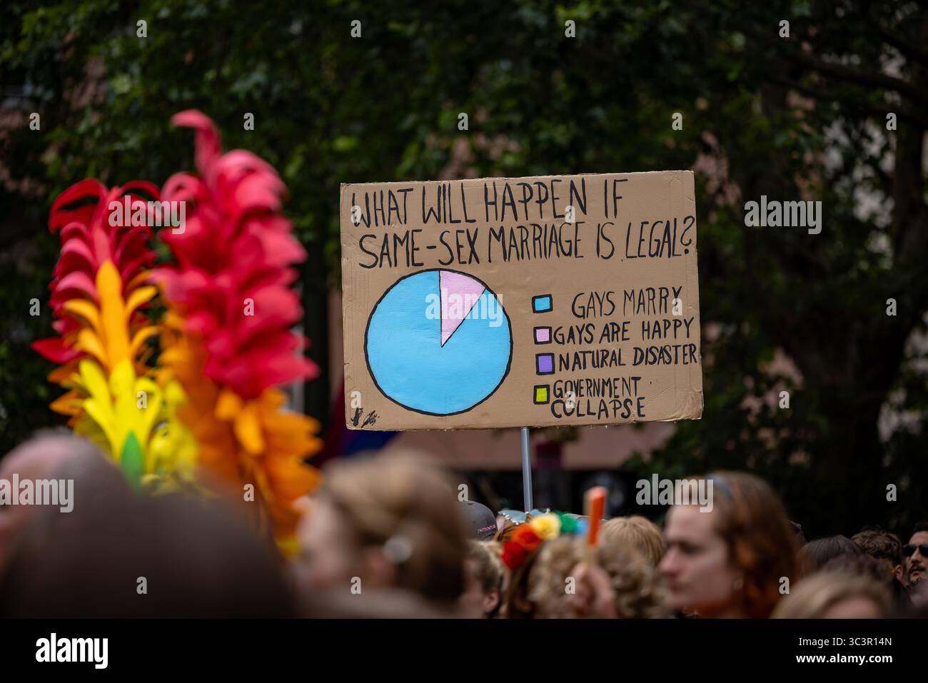 A participant holds a placard during the parade. Hundreds of thousands ...