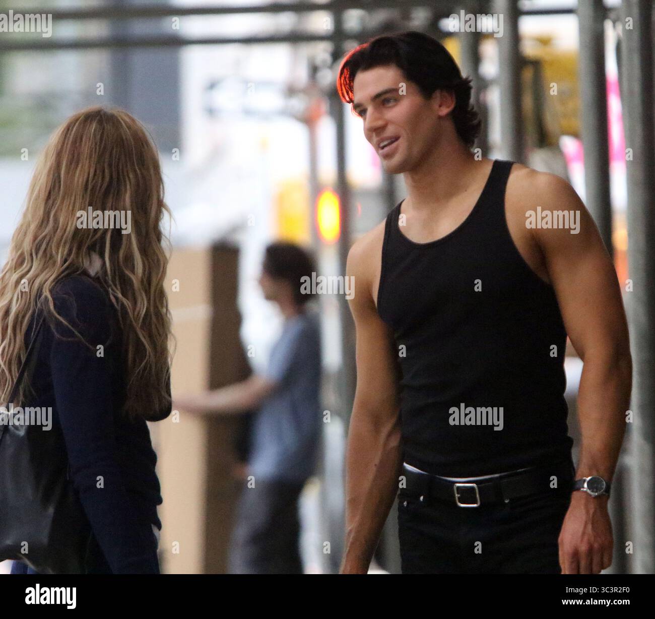 New York, NY July 25, 2025: Sara Pidgeon and Noah Fearnley filming on ...