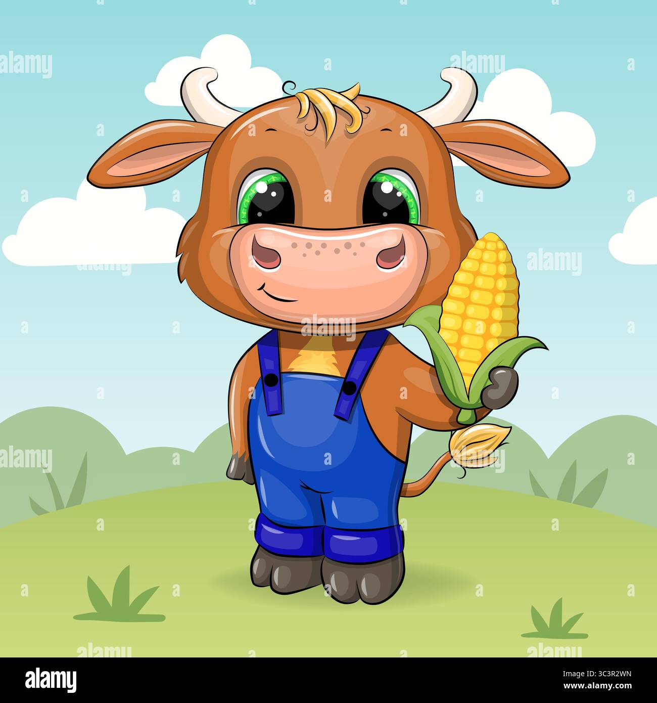 Cute cartoon Bull with a Corn in Nature. Vector illustration of animal ...