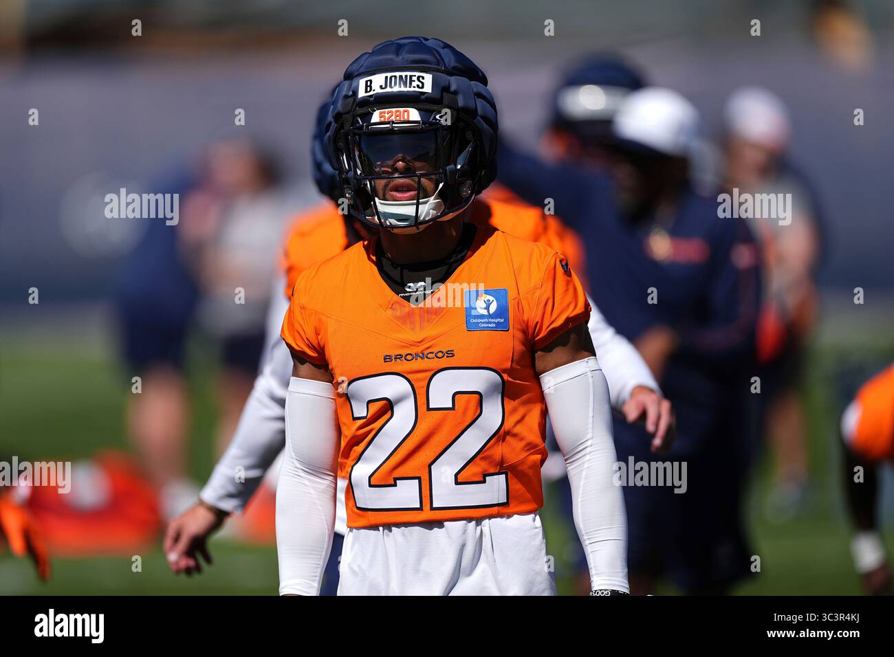 Denver Broncos safety Brandon Jones (22) warms up during Back Together Weekend at an NFL ...