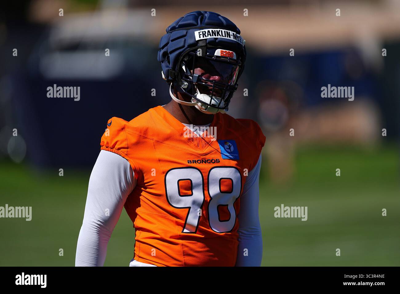 Denver Broncos defensive end John Franklin-Myers (98) warms up during Back Together Weekend at ...