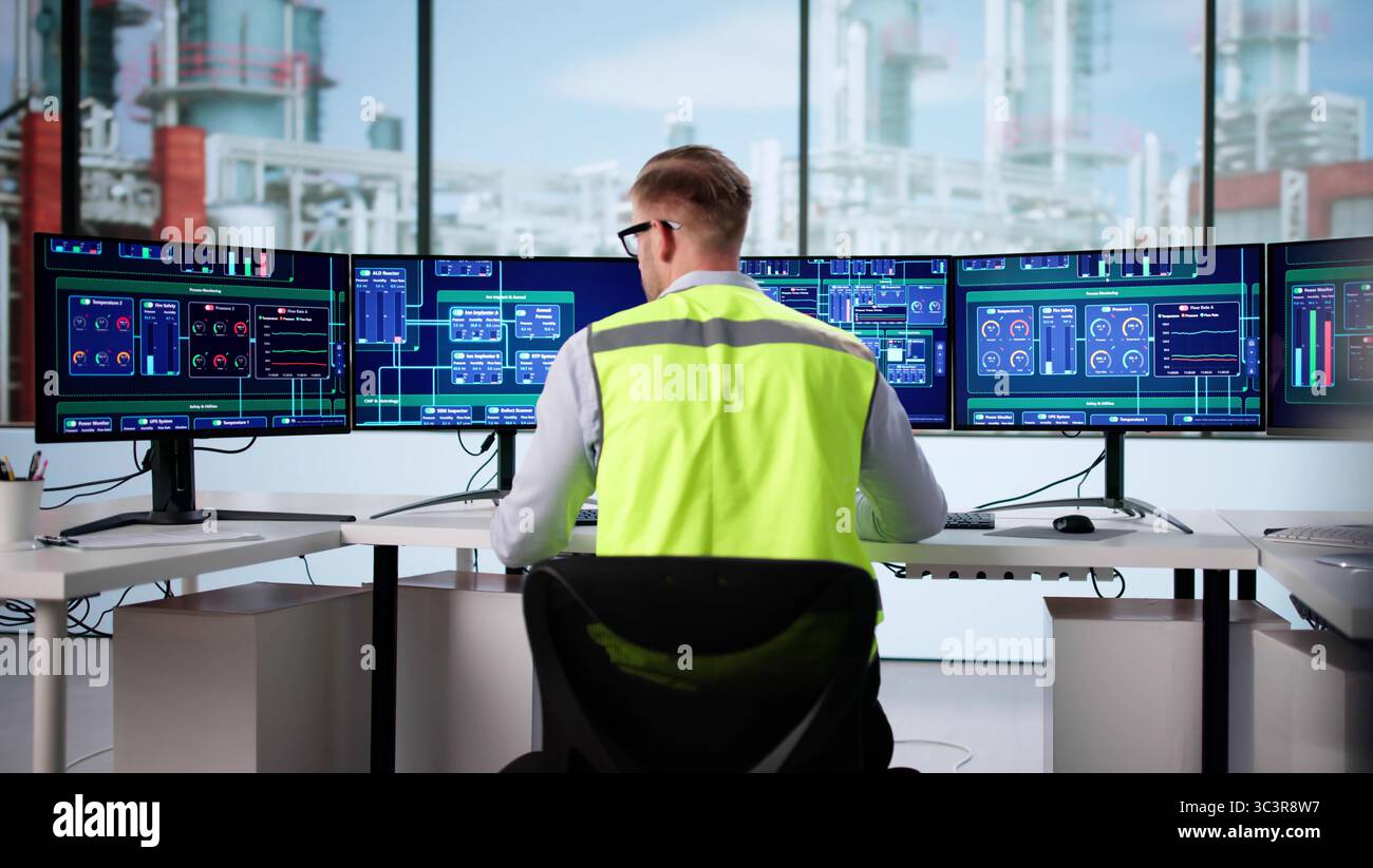 Engineer Monitors Energy Levels In Chemical Plant Using Industrial ...