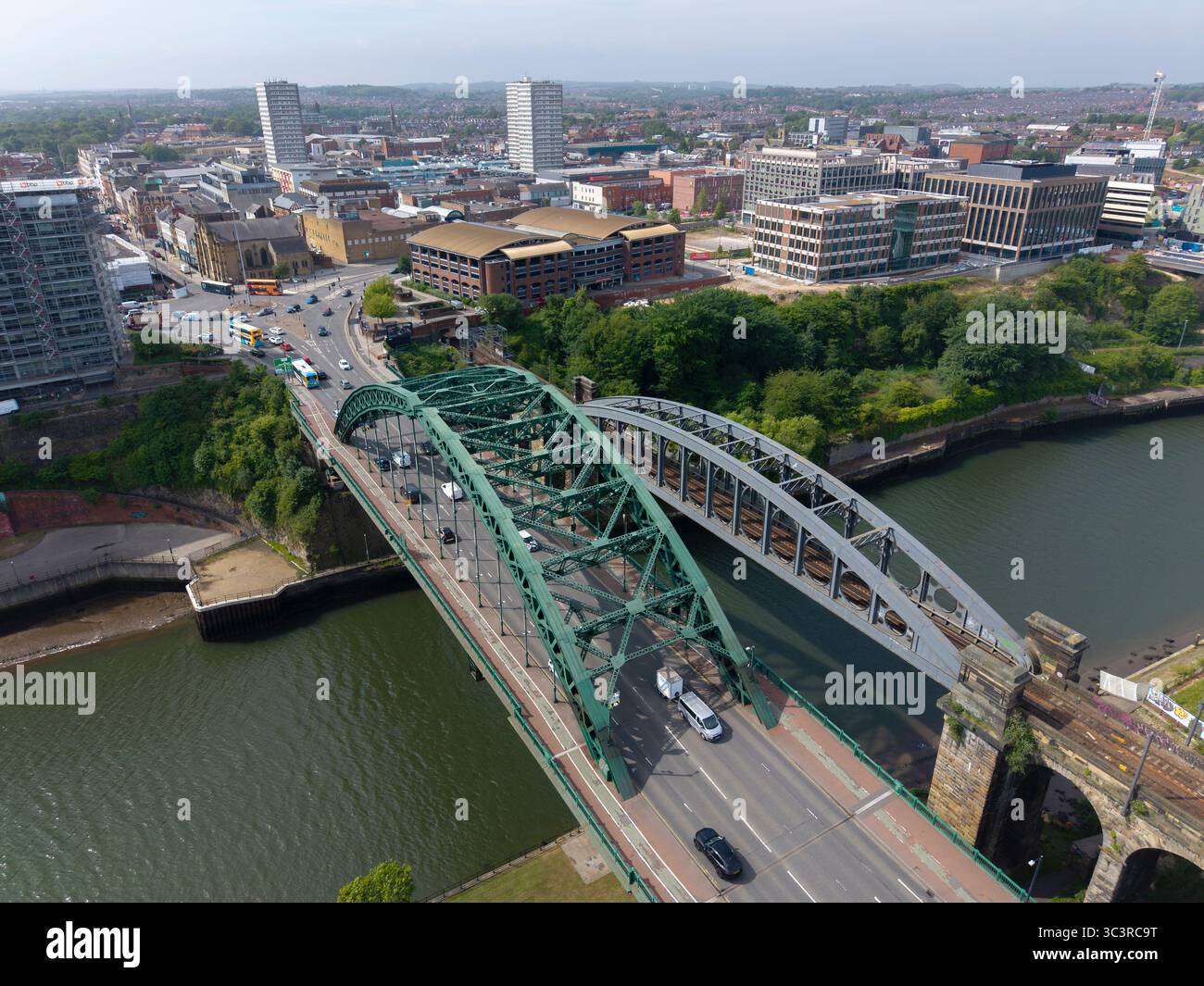 Aerial view, rail bridge beside Wearmouth Bridge spanning the River ...