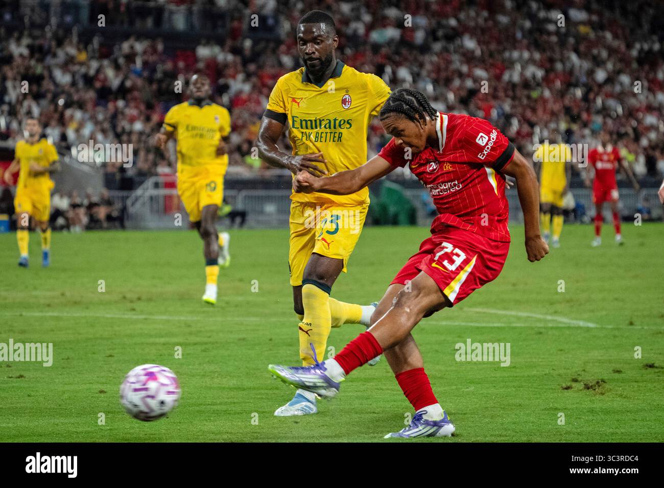 Liverpool's Rio Ngumoha takes a shot during a friendly match between AC ...