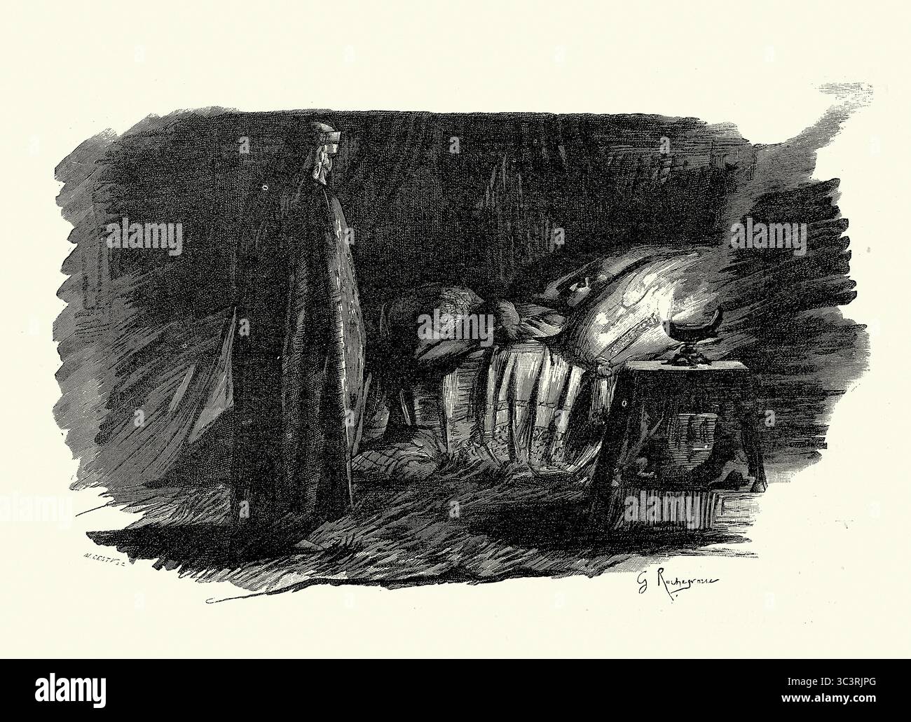 Medieval grief scene, Husband and father mourning death of wife ...