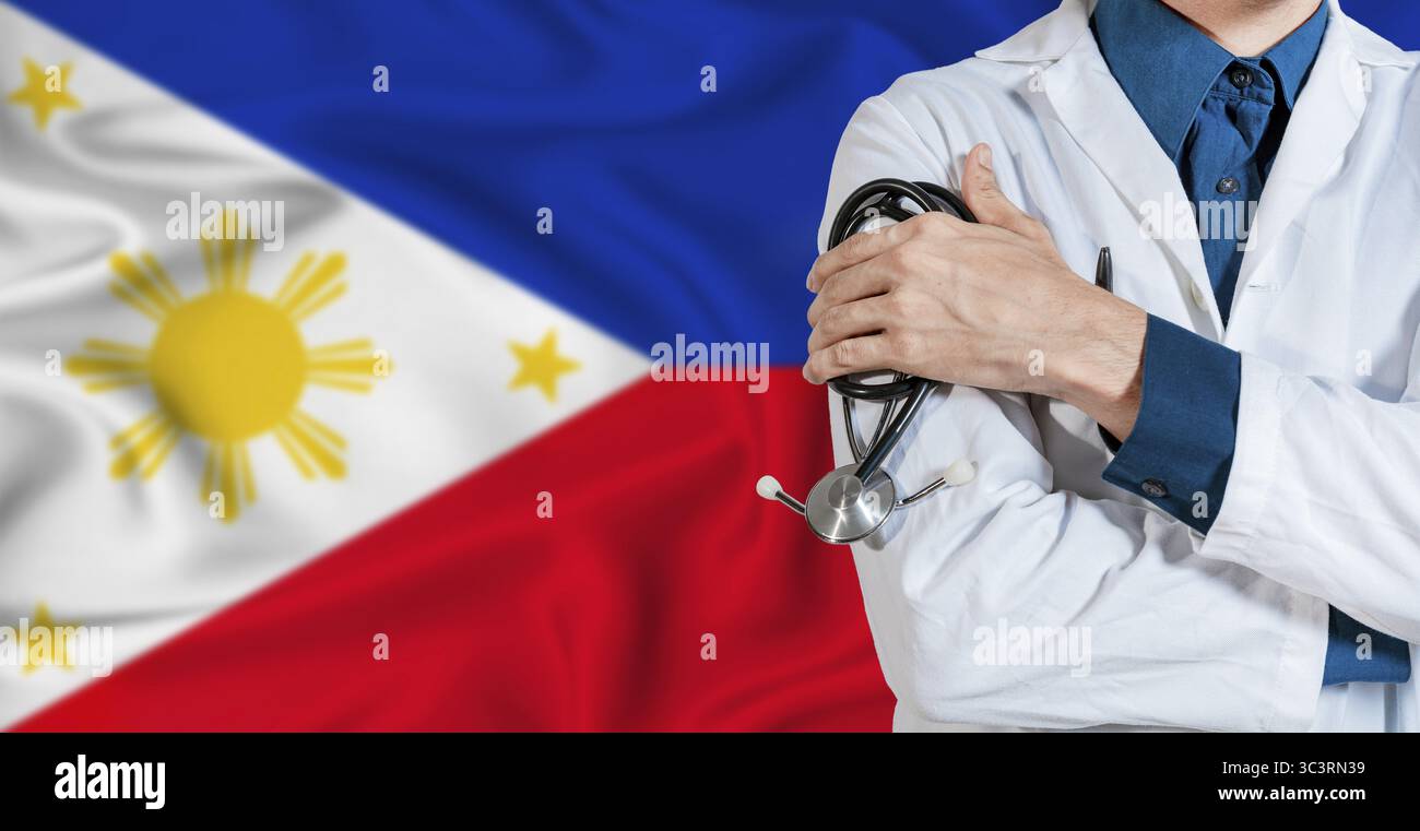 Doctor with stethoscope on Philippines flag. Doctor holding stethoscope ...