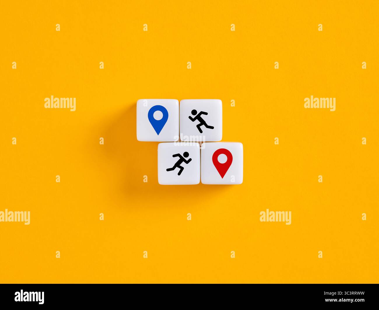 Moving to different or opposite destinations. Four white dice showing ...
