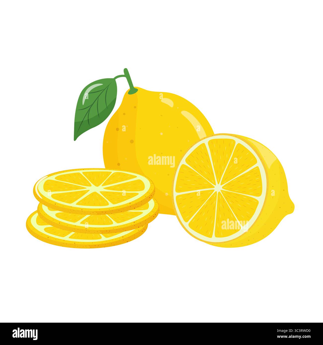Set of yellow lemon citrus fruits with slices, whole and cut, isolated ...