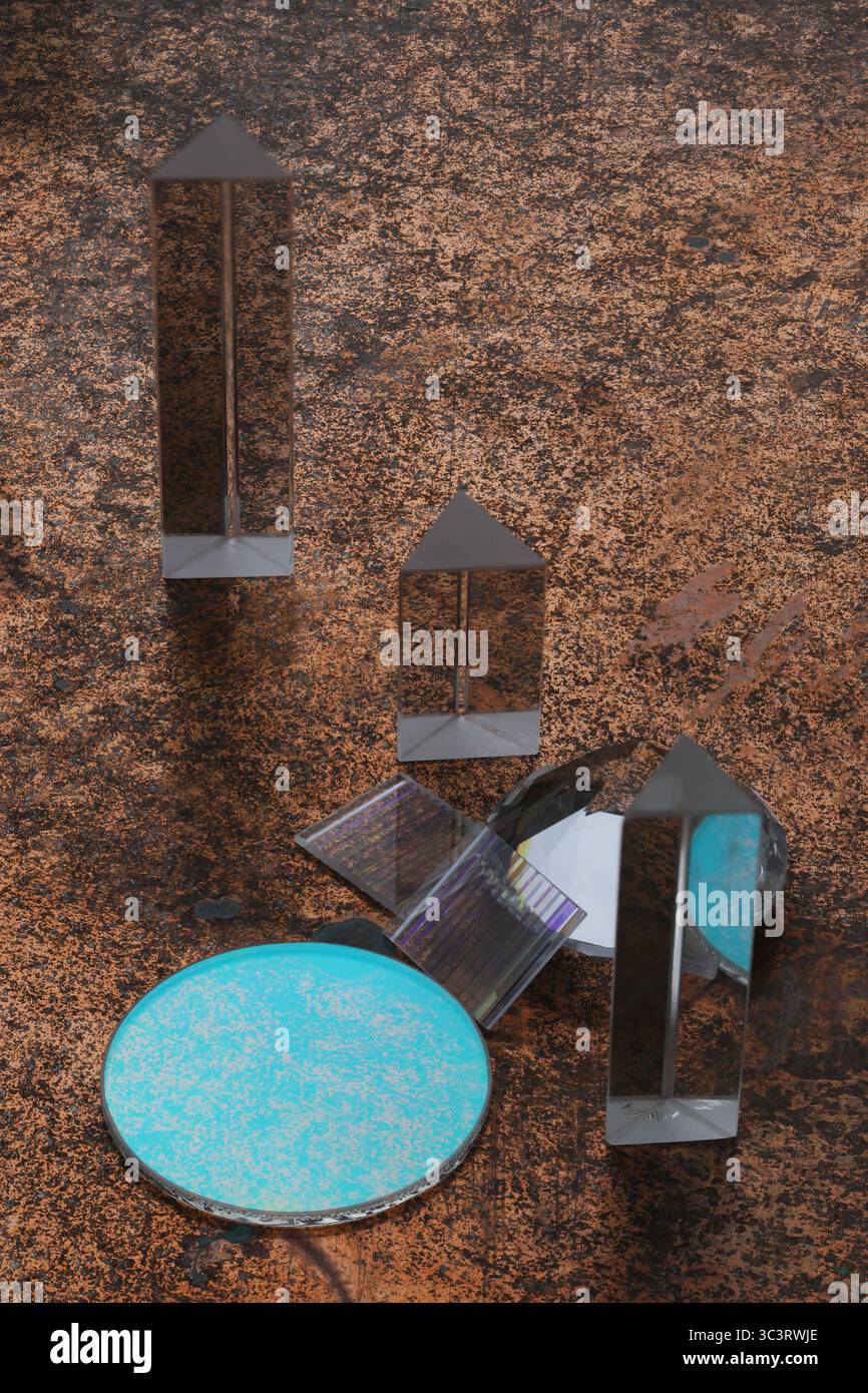 Collection of glass objects, including a blue and white circle Stock ...
