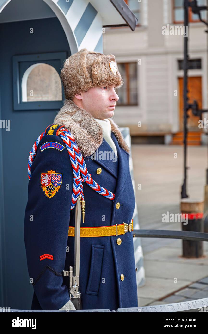 A guard in traditional uniform standing to attention on sentry duty by ...
