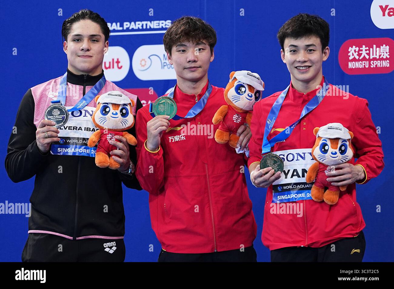Gold medalist Zheng Jiuyuan, centre, of China stands with silver ...