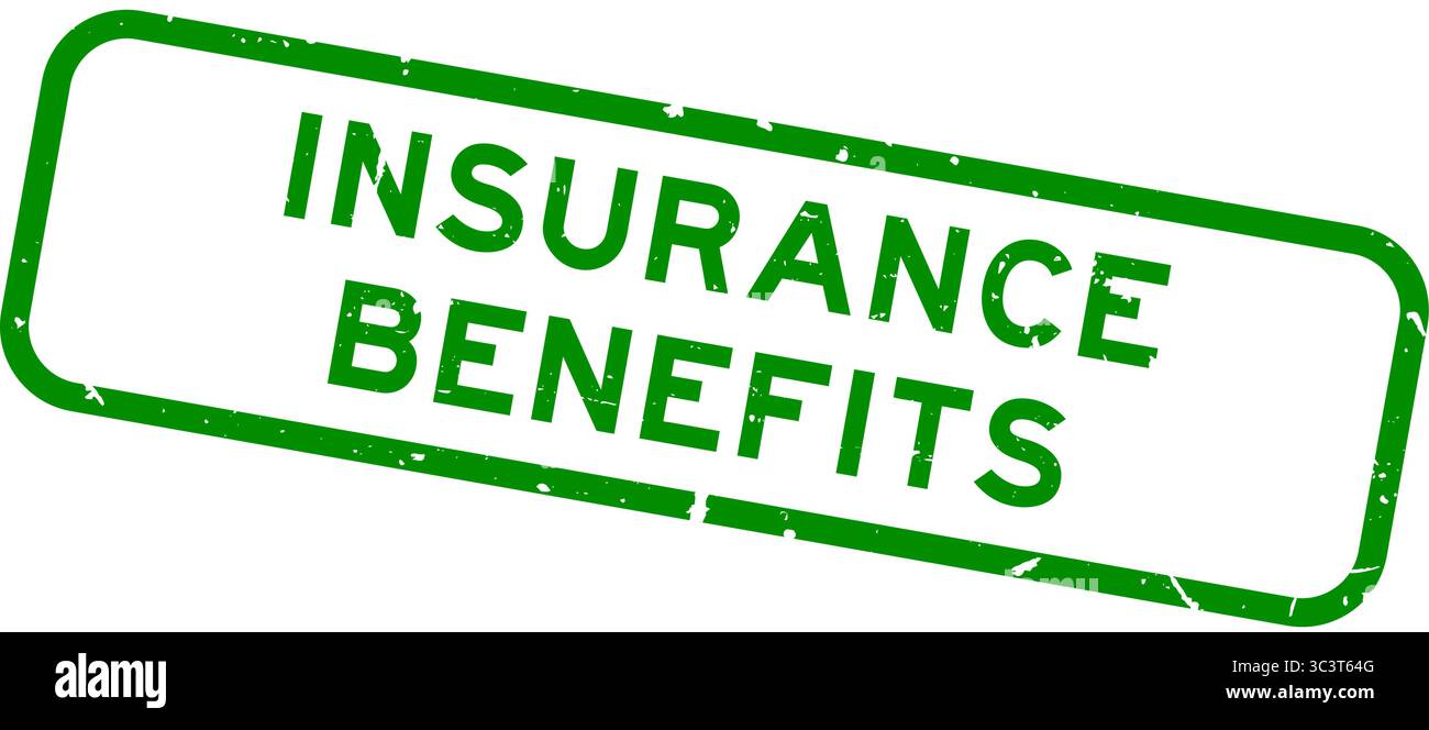 Grunge green insurance benefits word square rubber seal stamp on white ...