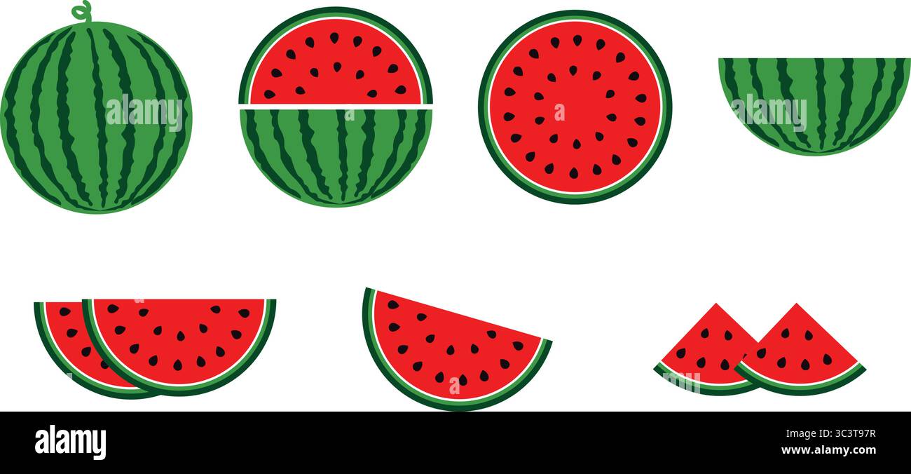 Whole watermelon with skin, half watermelon, round slice, 2 halves, and ...