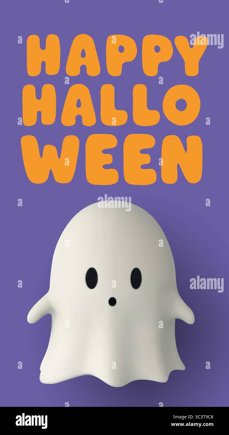 Cute Halloween poster with a 3D cartoon ghost on a purple background ...