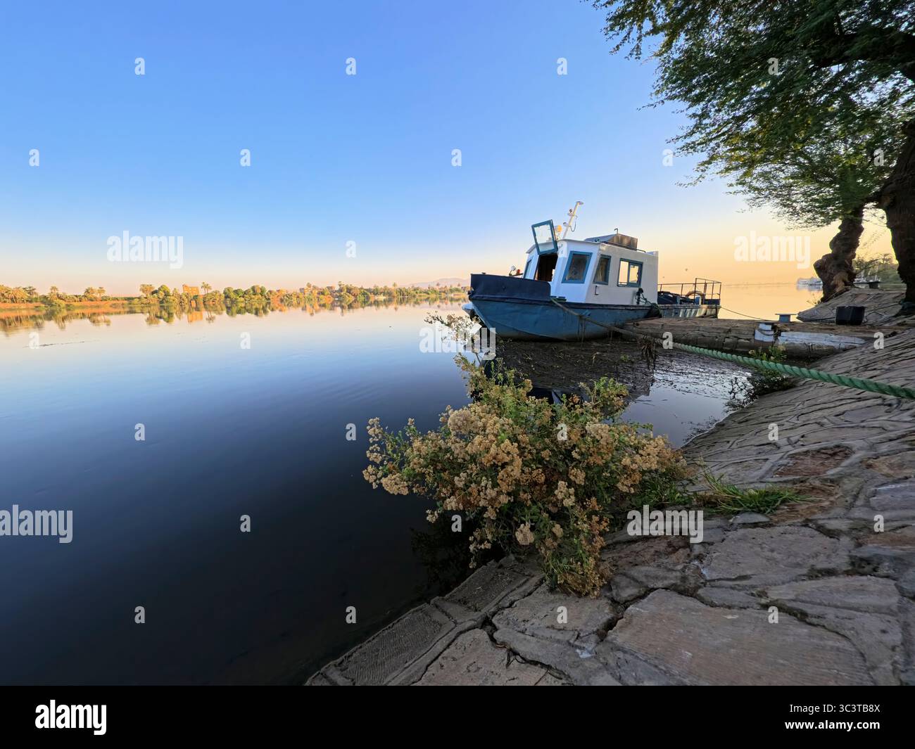 Small steel motor launch boat moored on the Nile river bank with rope ...