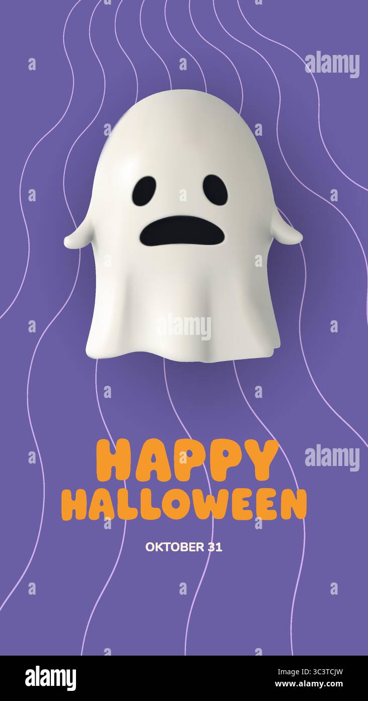 Halloween poster with a sad cartoon ghost on a purple wavy background ...