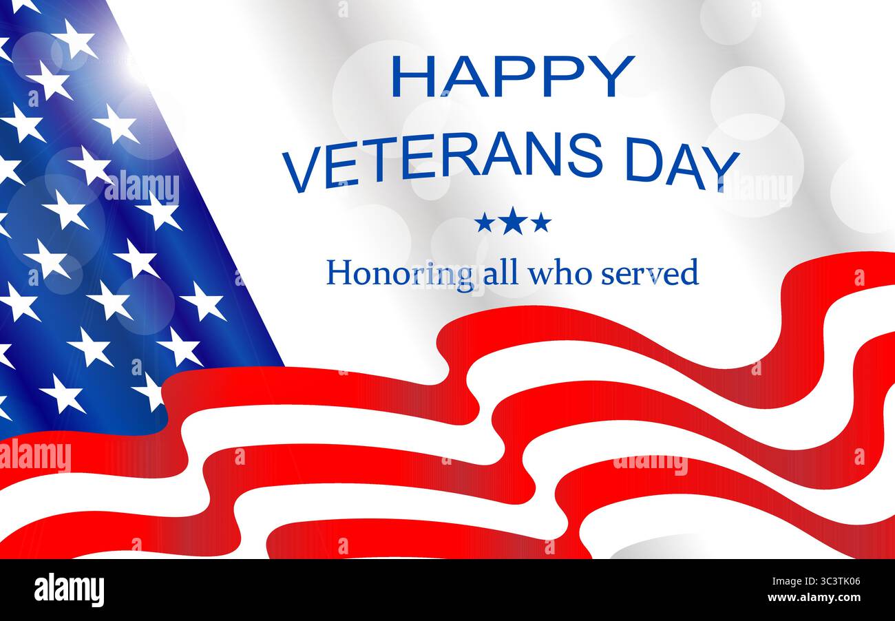 US Veterans Day greeting celebrate card with waving United States flag ...