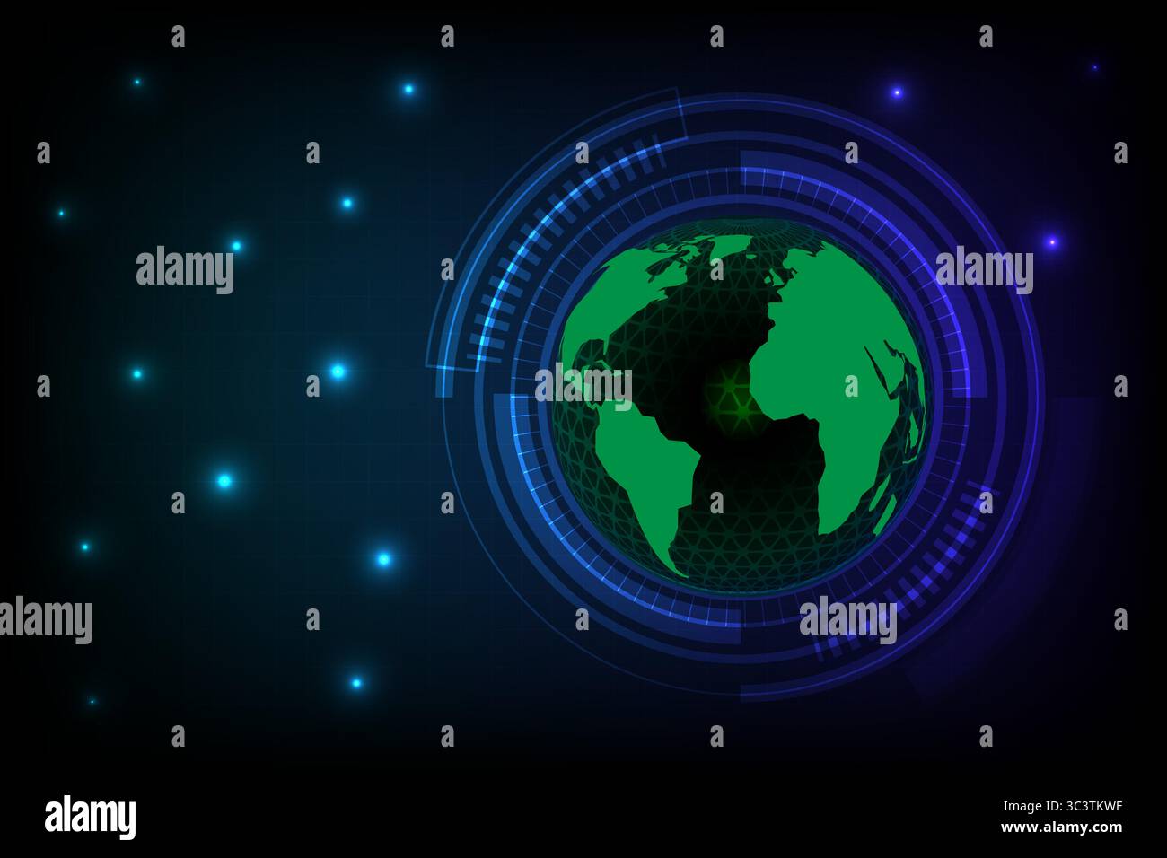 High tech digital illustration of a green Earth with glowing interface ...