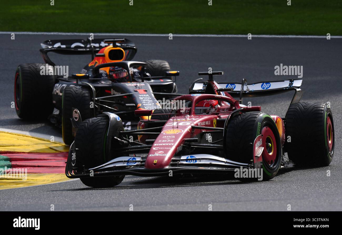 Ferrari's Charles Leclerc ahead of Red Bull's Max Verstappen during the Belgian Grand Prix at ...