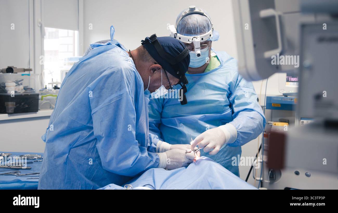 Two healthcare professionals in blue surgical attire are engaged in a ...