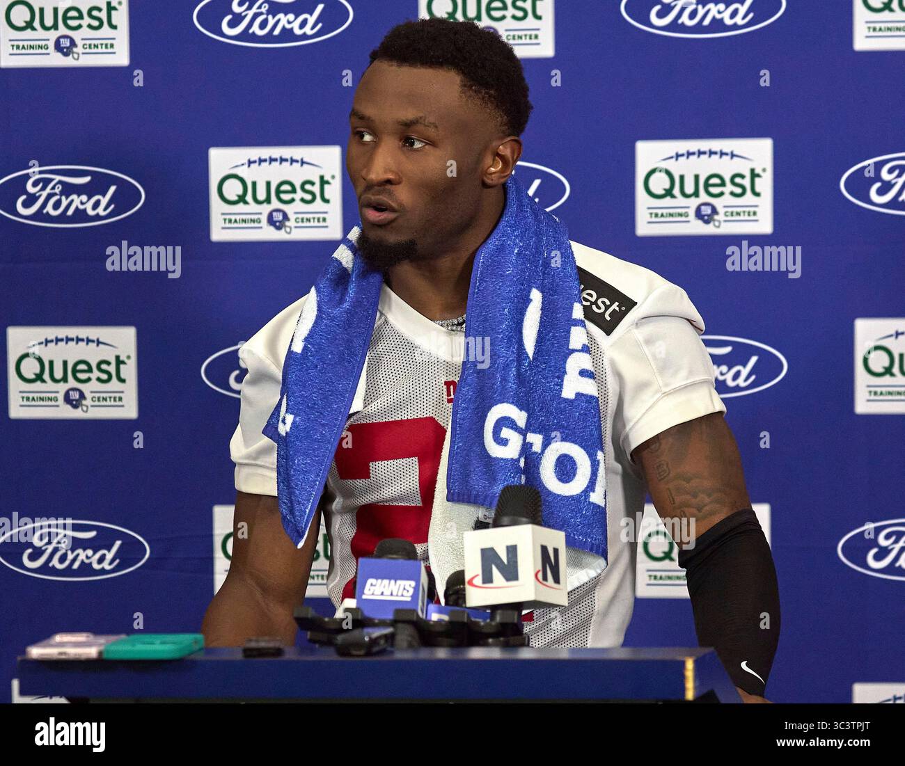 New York Giants safety Tyler Nubin (27) talks with media during ...