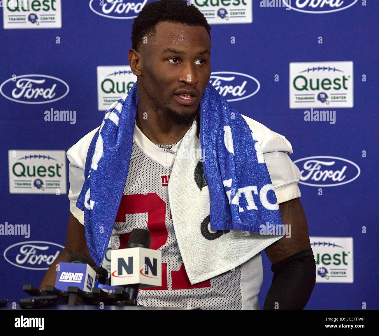 New York Giants safety Tyler Nubin (27) talks with media during ...