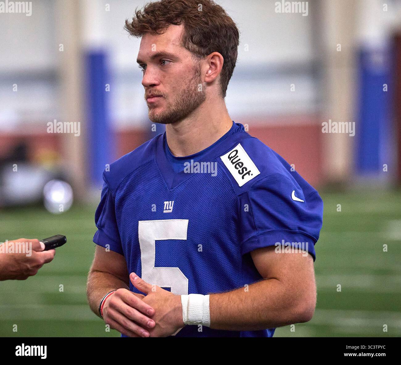 New York Giants wide receiver Dalen Cambre (5) talks with media during ...