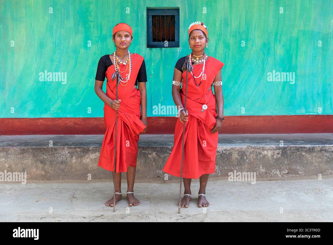 Women in traditional red coloured clothes from Bison-Horn Maria Tribe ...