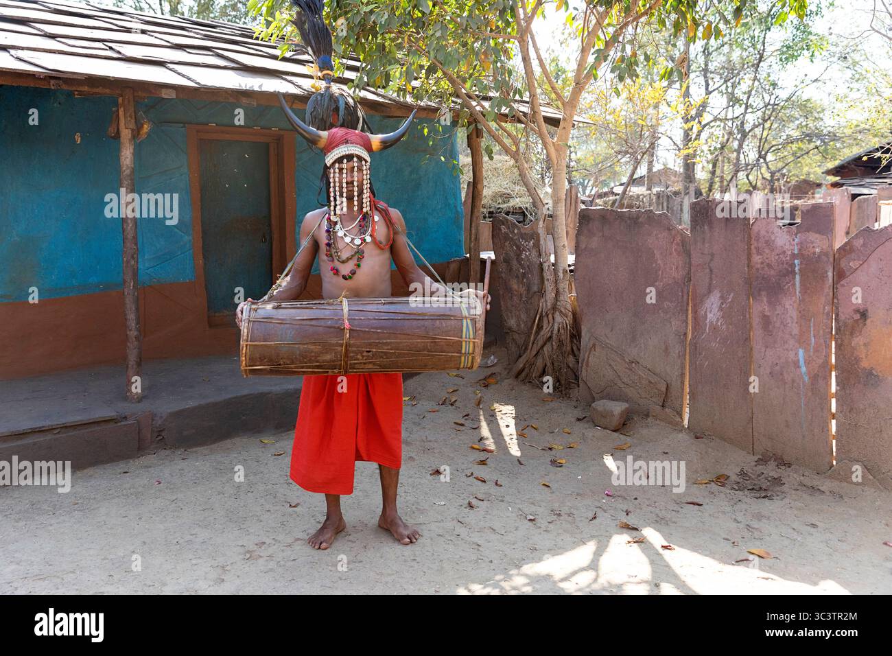 Man in traditional costume from Bison-Horn Maria Tribe standing infront ...
