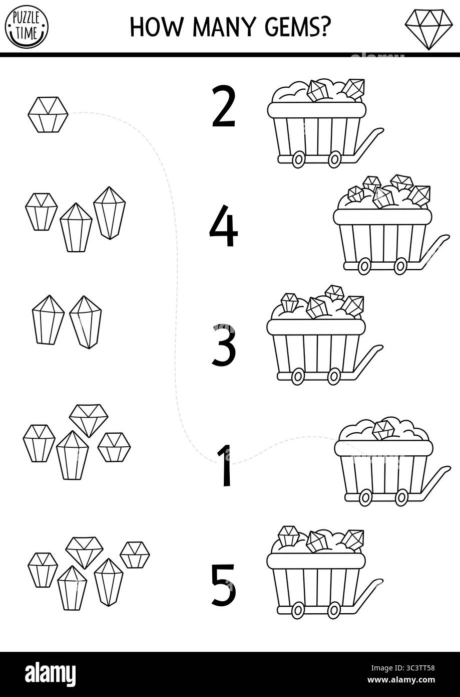 Match the numbers black and white game with dwarf cart with treasure ...