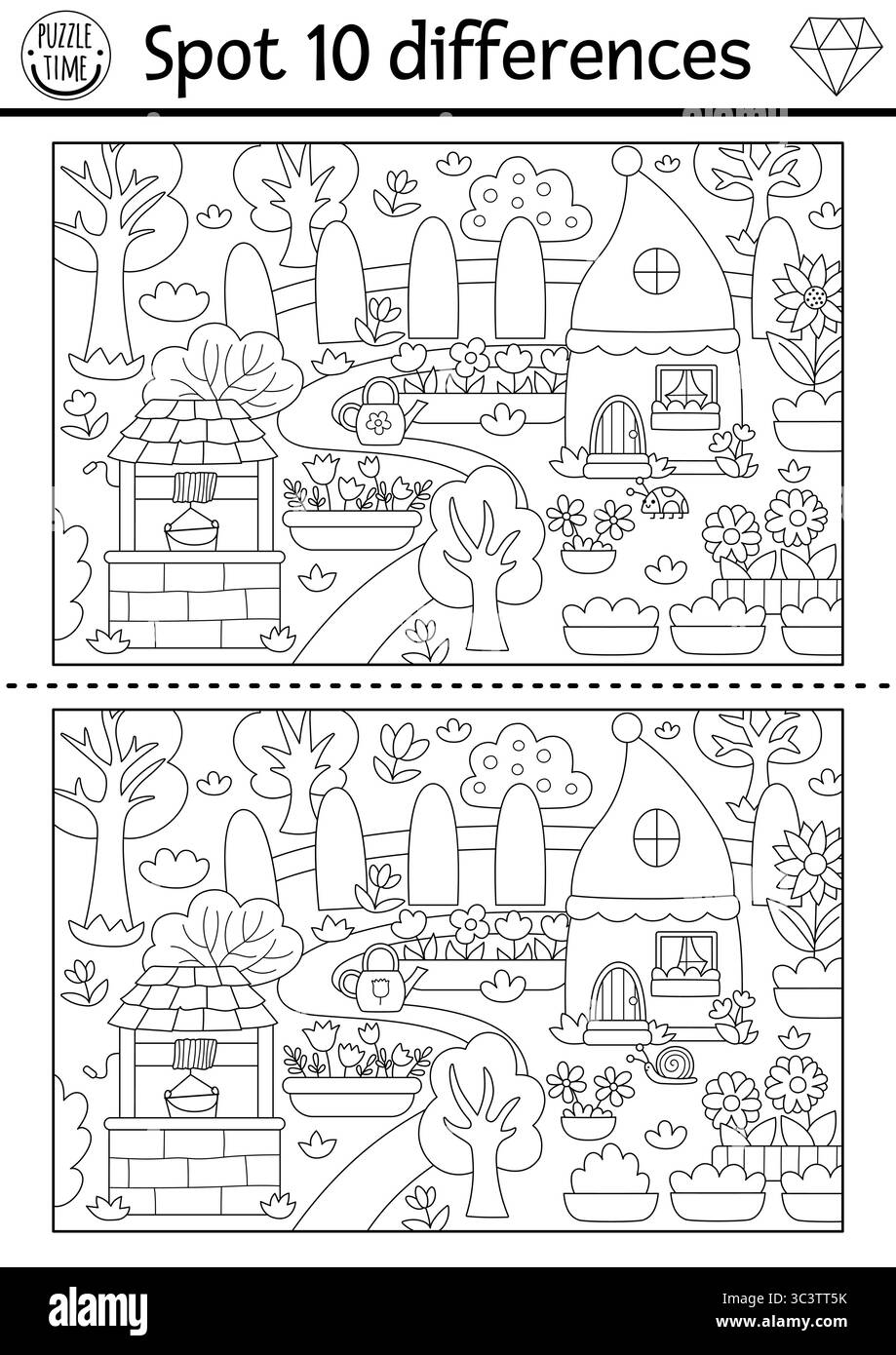 Find differences game for children. Dwarf black and white activity with cute garden gnomes ...
