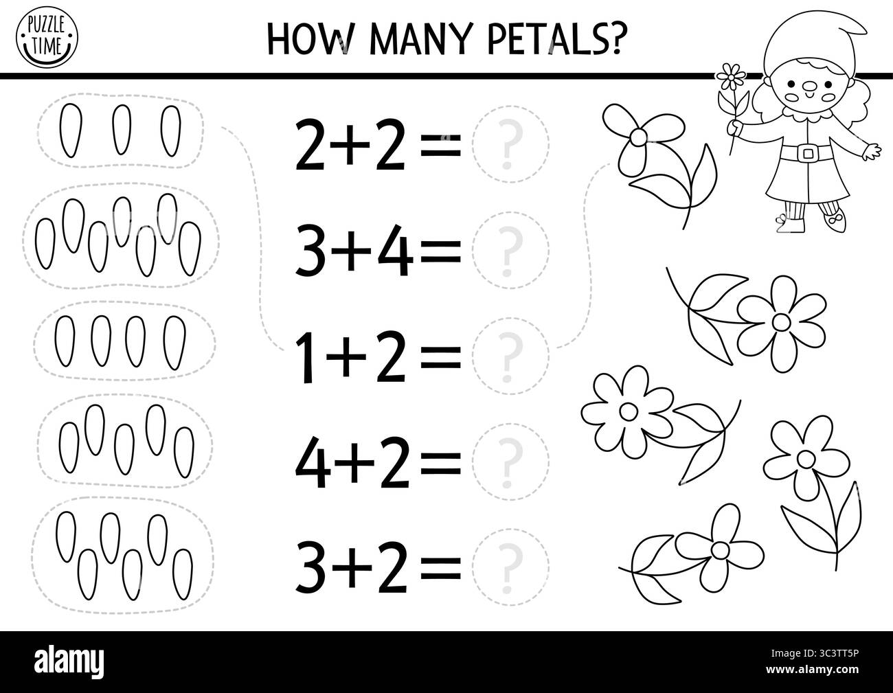 Counting and matching black and white game with dwarf girl and petals ...
