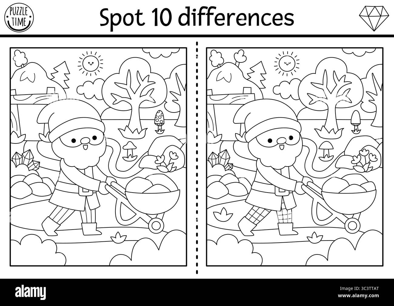 Find differences game for children. Dwarf activity with gnome miner ...