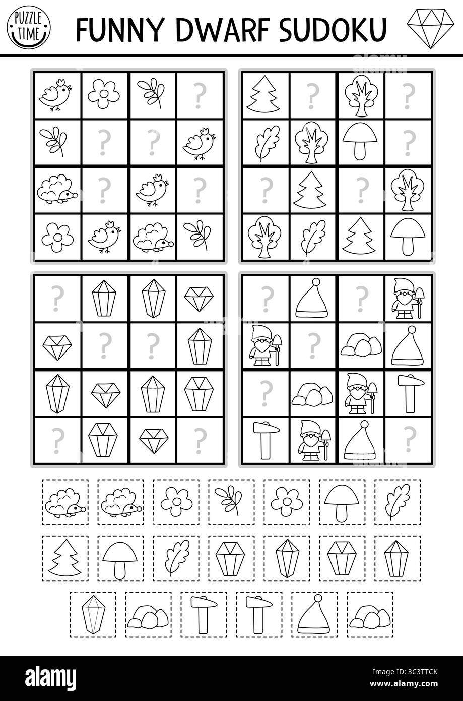 Vector dwarf sudoku puzzle for kids with pictures. Black and white ...