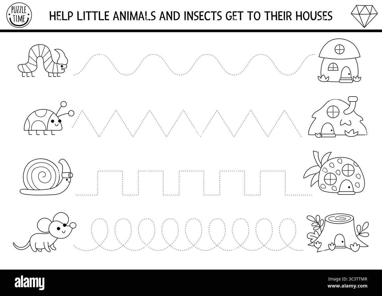 Vector black and white handwriting practice worksheet with woodland ...