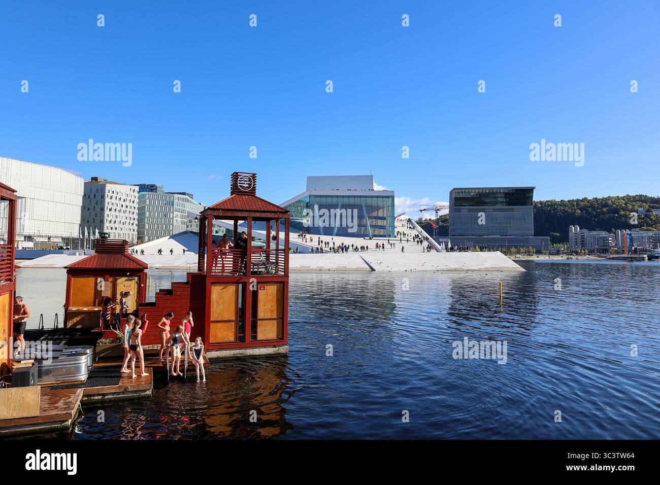 Oslo, Norway - september 28, 2024: people go to the floating sauna in ...