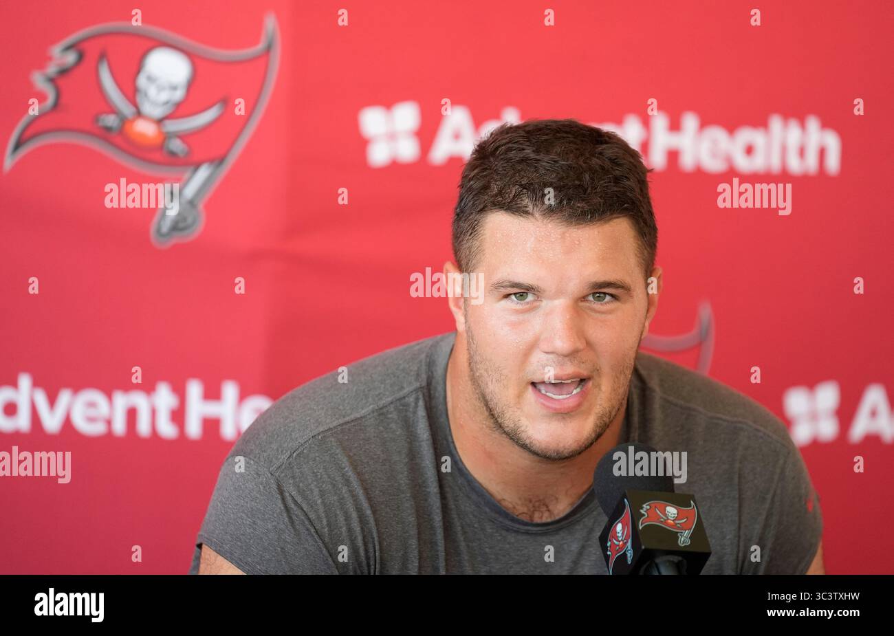 Tampa Bay Buccaneers center Graham Barton speaks to the media during ...