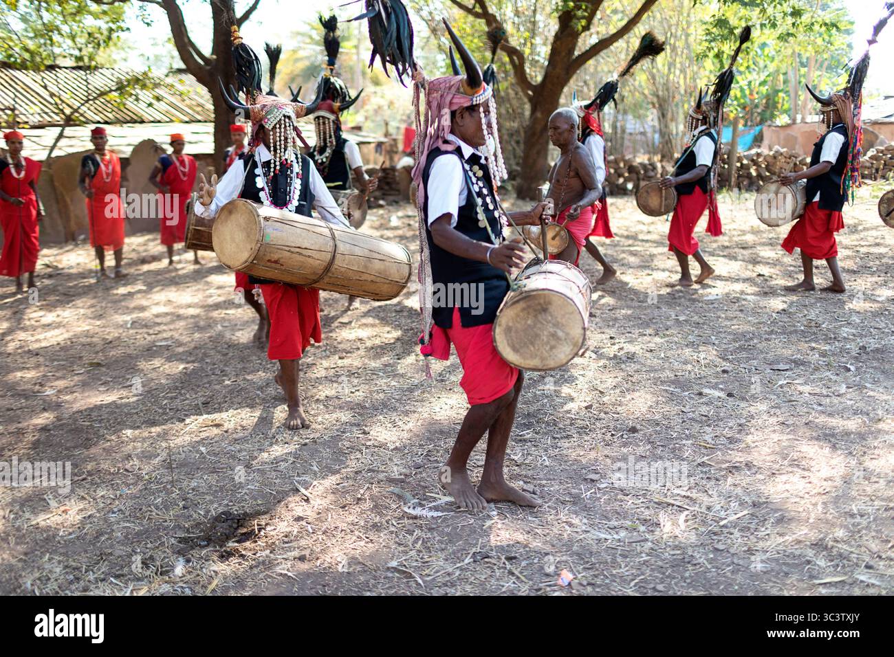 Bison-Horn Maria Tribe people in traditional costumes performing ...