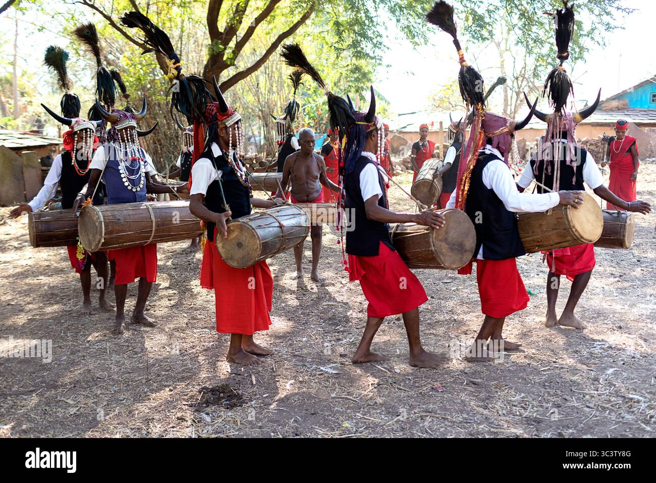 Bison-Horn Maria Tribe people in traditional costumes performing ...