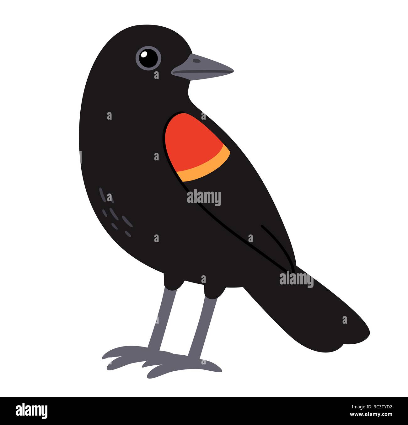 Simple stylized cartoon red-winged blackbird drawing. Male bird with ...