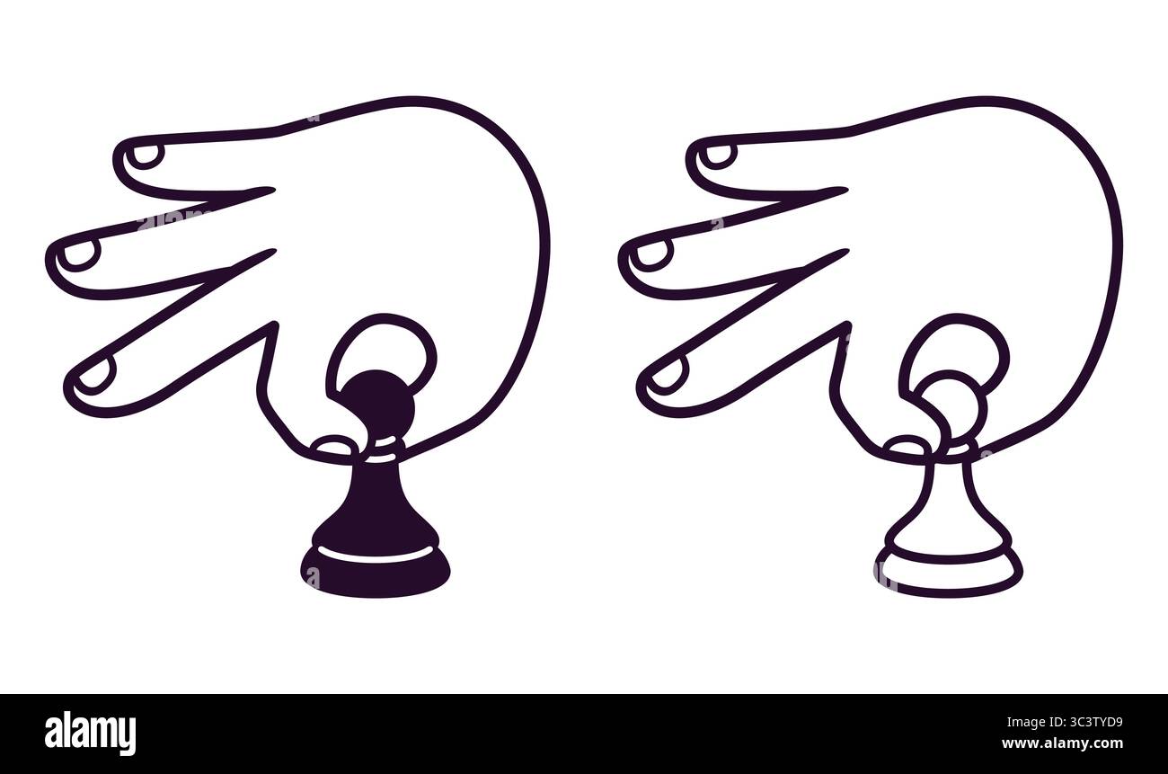 Cartoon hand moving white and black chess pawn. Playing chess icon or ...