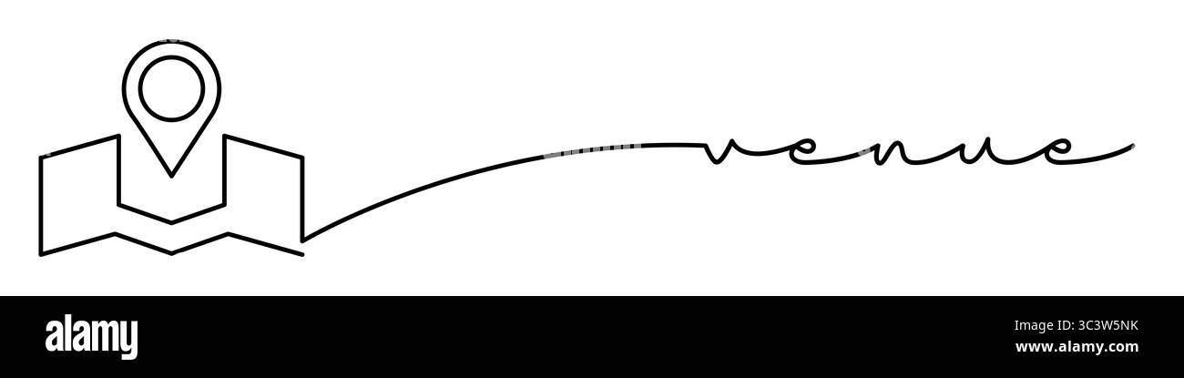 Venue location map pin one line icon with caption. Continuous line ...