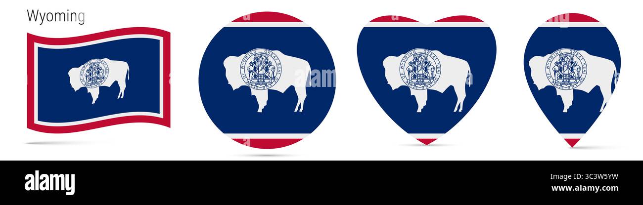 Wyoming US state waving flag, round circle sticker badge, heart shaped ...