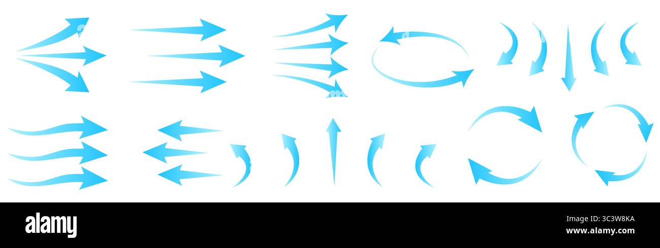 Set of blue arrow showing wind air flow isolated on white background ...