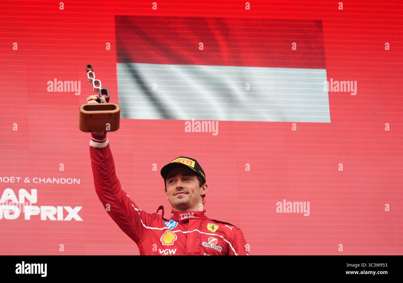 Ferrari's Charles Leclerc on the podium after the Belgian F1 Grand Prix ...