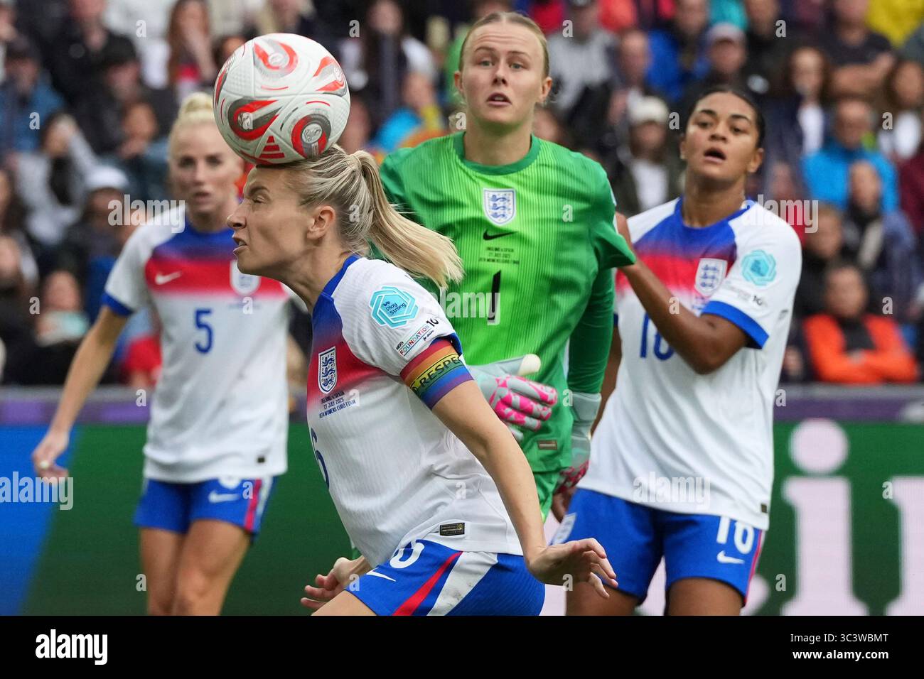 England's Leah Williamson heads the ball during the Women's Euro 2025 ...