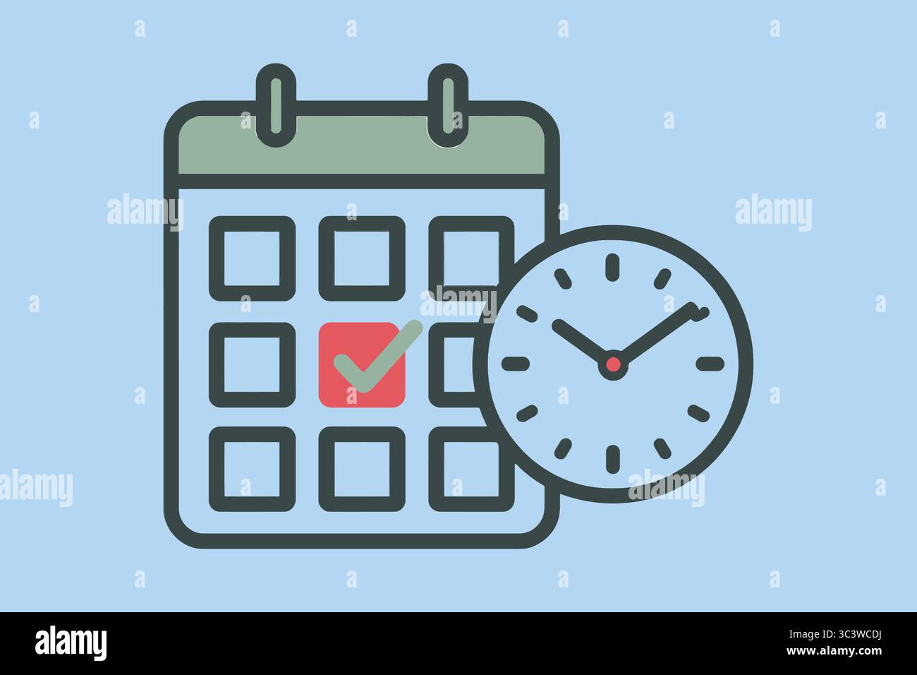 Calendar with a checked date and a clock symbolizing scheduling and ...