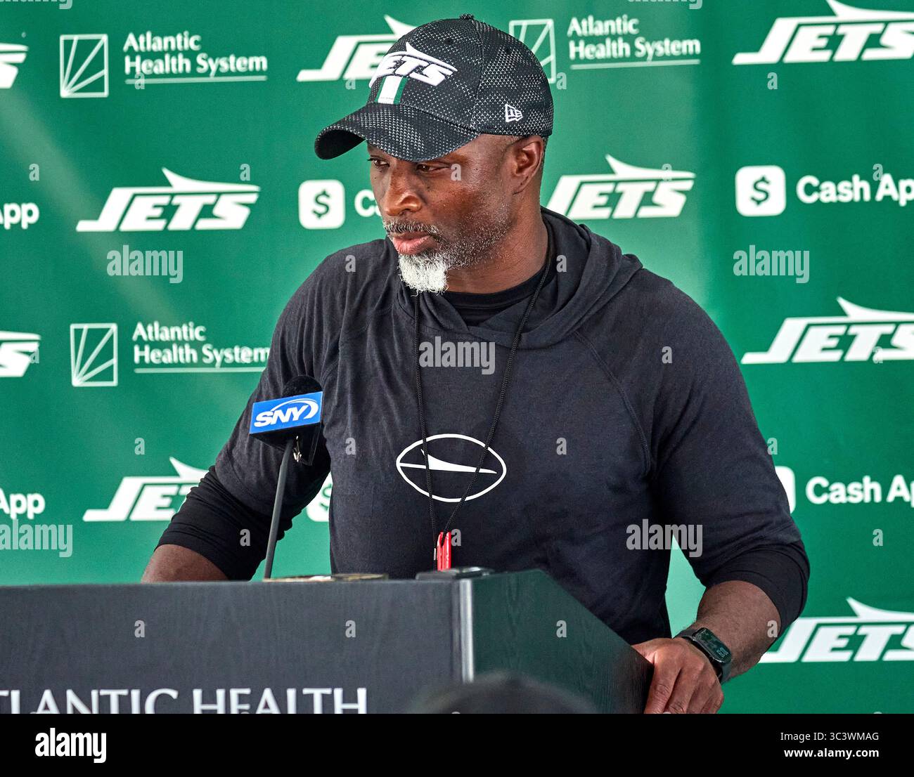 New York Jets head coach Aaron Glenn talks with media during training ...