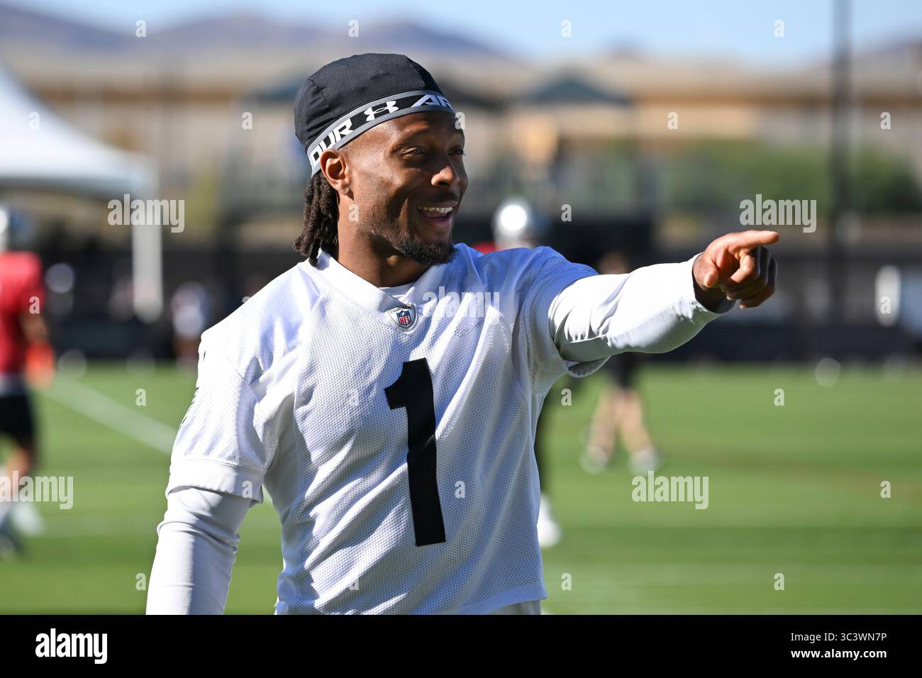 Las Vegas Raiders wide receiver Tre Tucker points during the team's NFL ...