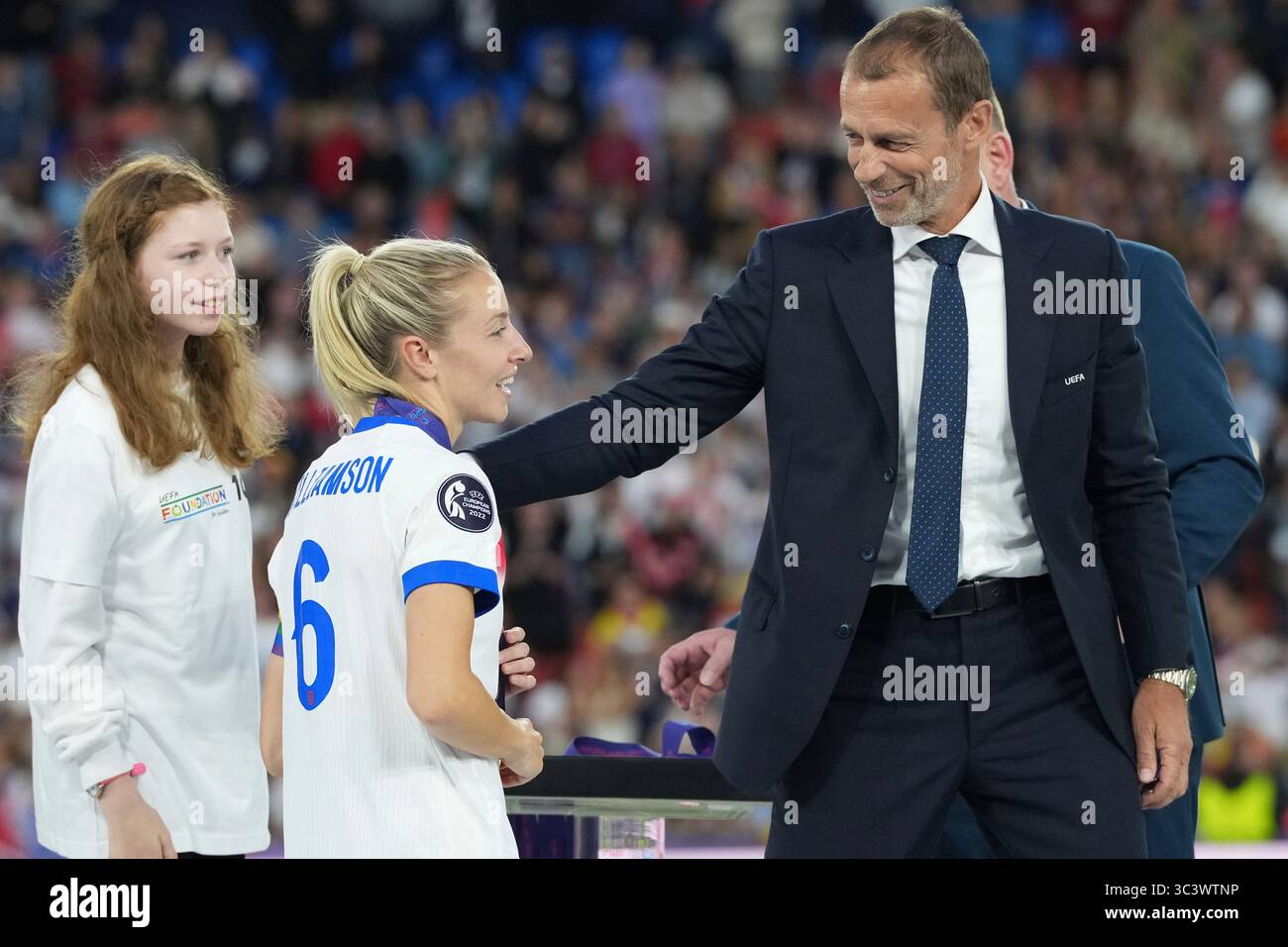 UEFA president Aleksander Ceferin congratulates to England's Leah ...